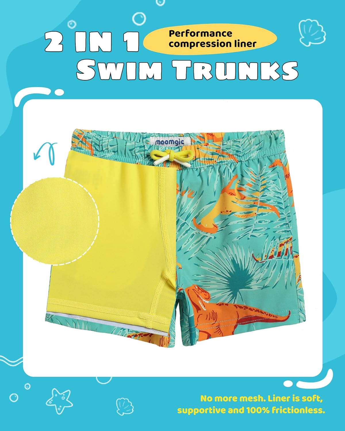 maamgic Boys Swim Trunks with Compression Liner Toddler Stretch Swim ...