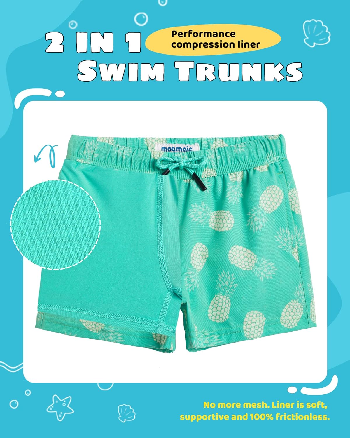 maamgic Boys Swim Trunks with Compression Liner Toddler Stretch Swim ...