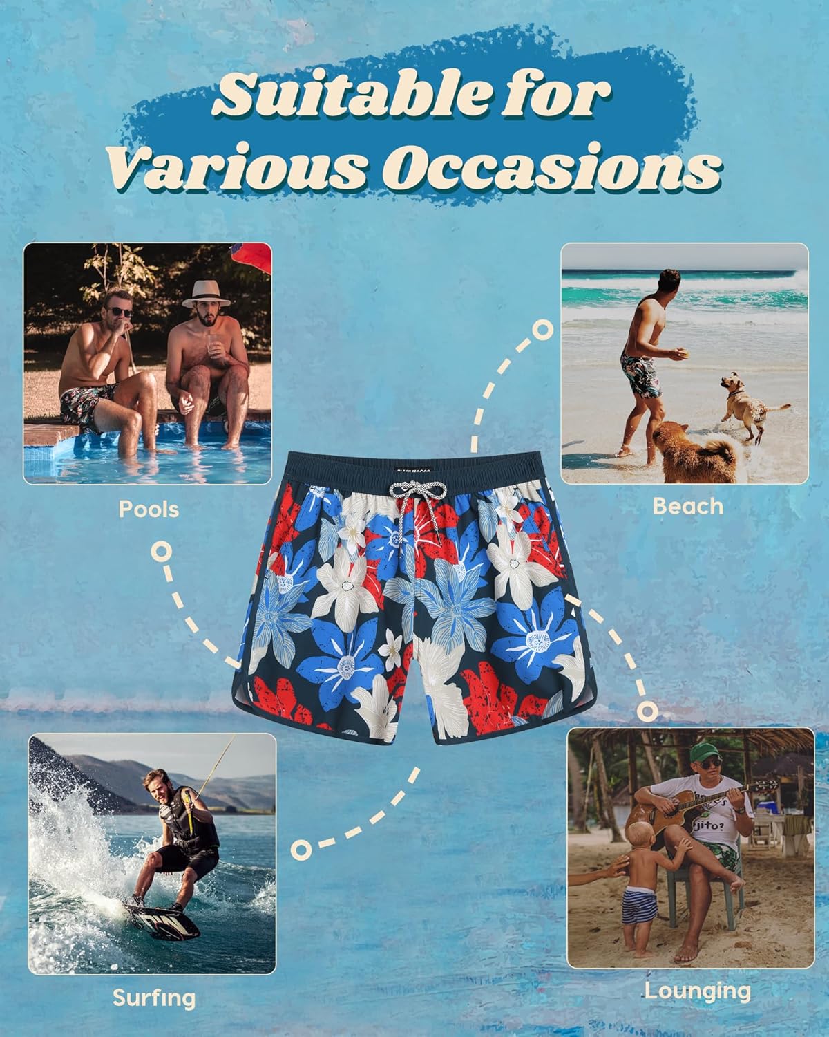 Mens 5″ Vintage Swim Trunks 80s 90s Quick Dry Swim Shorts Retro 4-Way ...